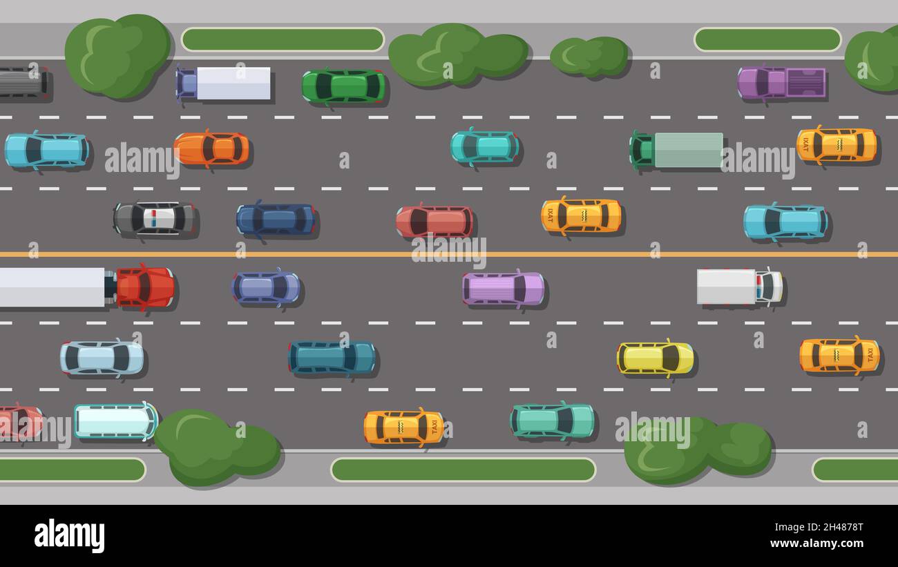 Road traffic. City street with cars and taxi top view. Town ...