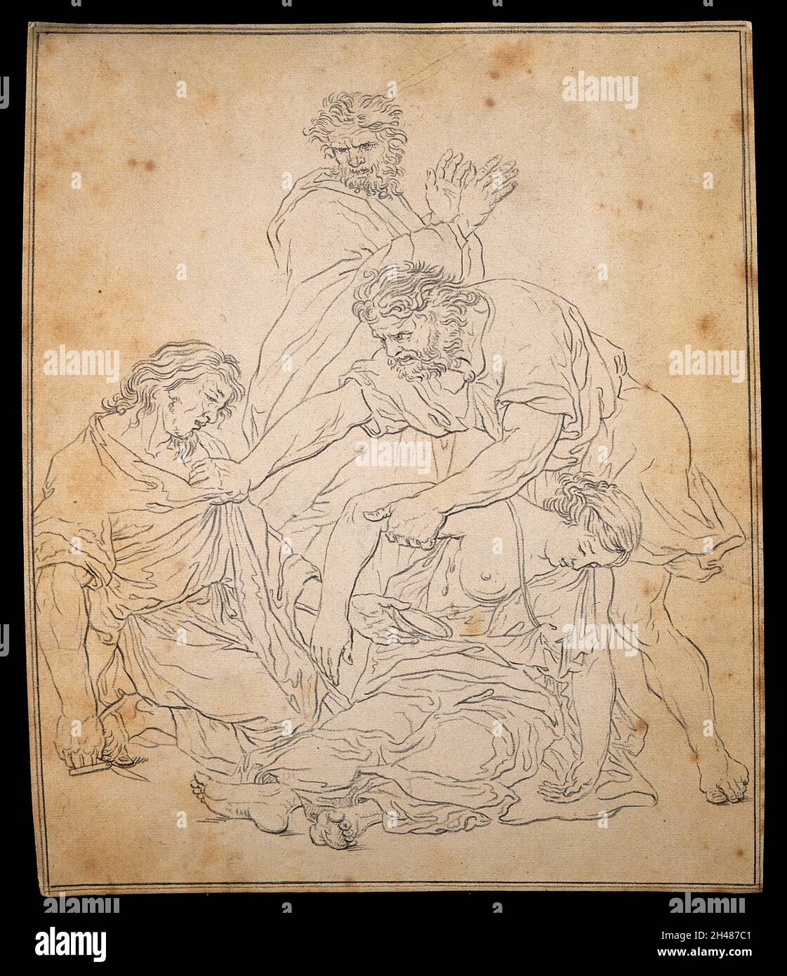 A man helps two people, one of them a surgeon, suffering from plague ...