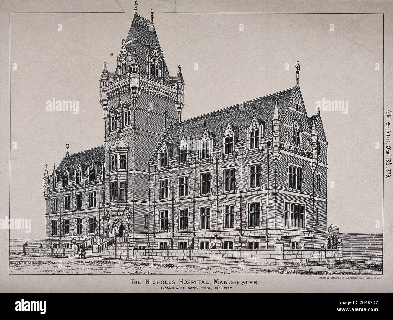Nicholls Hospital, Manchester, England. Transfer lithograph, 1879 ...