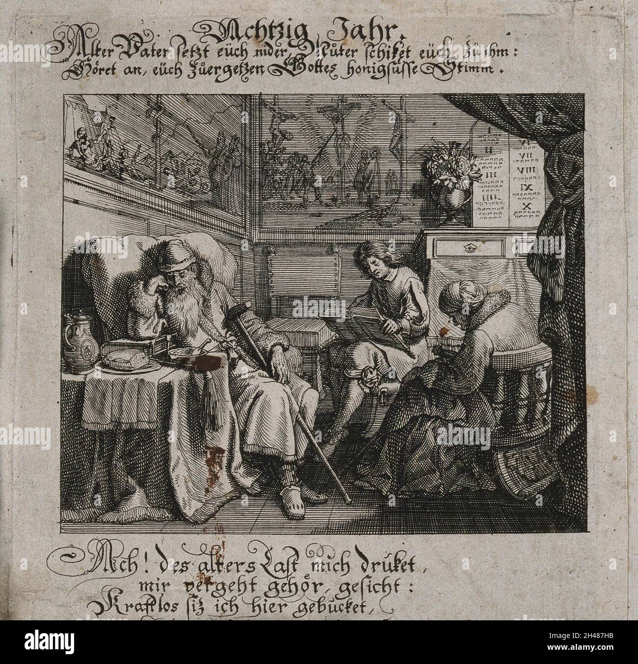 An old man dozing in a chair; representing the eightieth year of life ...