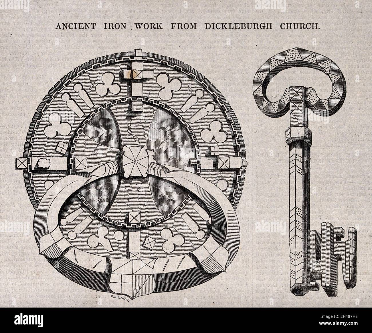 Architecture: a lock and key with gothic ornament. Wood engraving by C ...