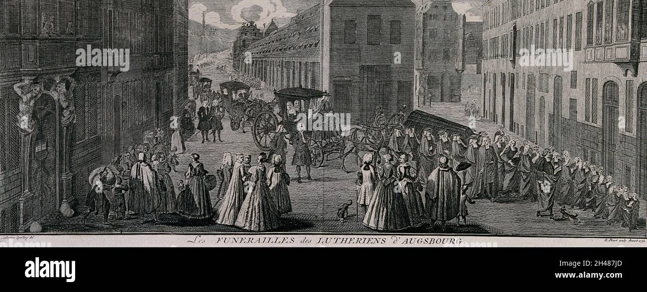 A Lutheran funeral in the city of Augsburg. Engraving by B. Picart ...