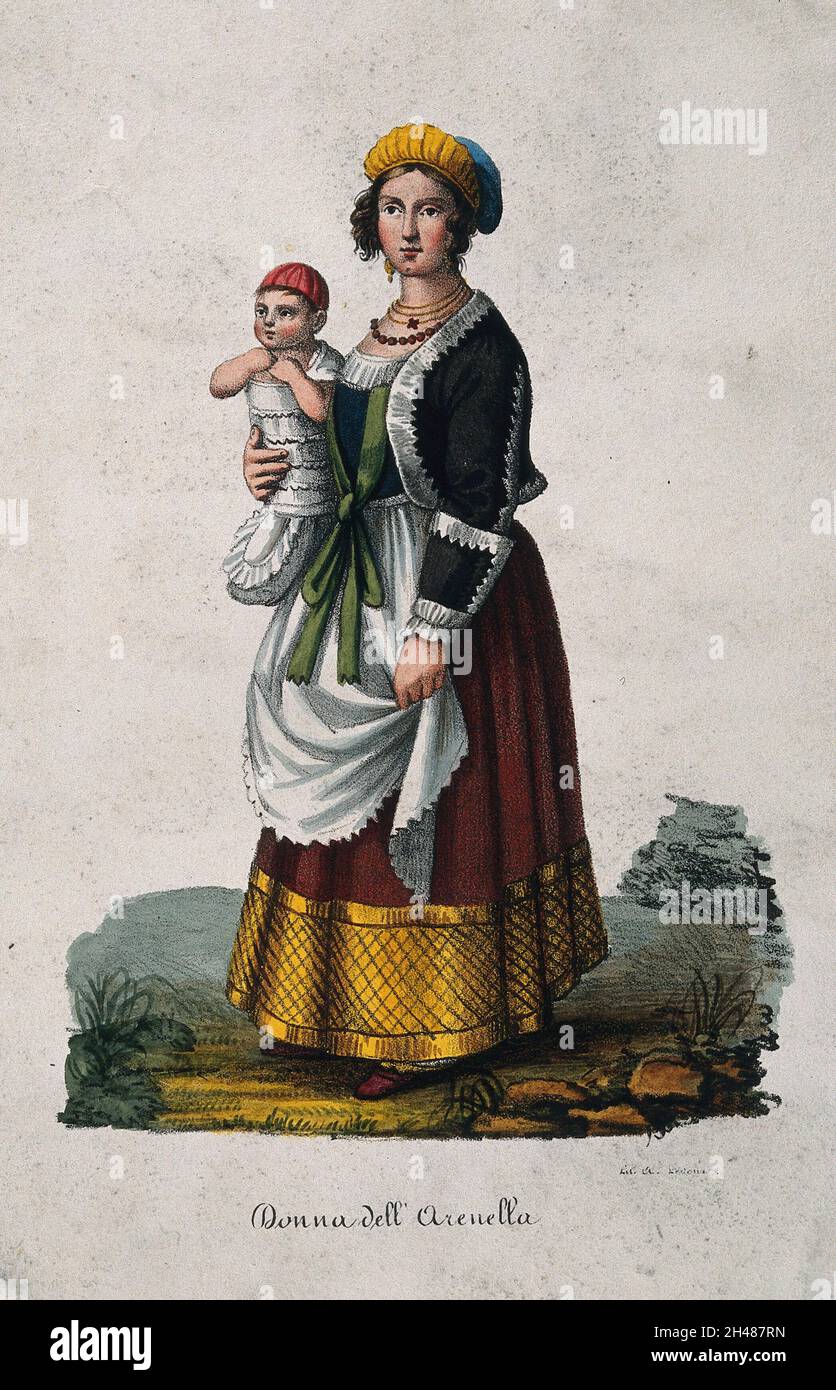A woman dressed in Neapolitan costume holding a baby. Coloured ...