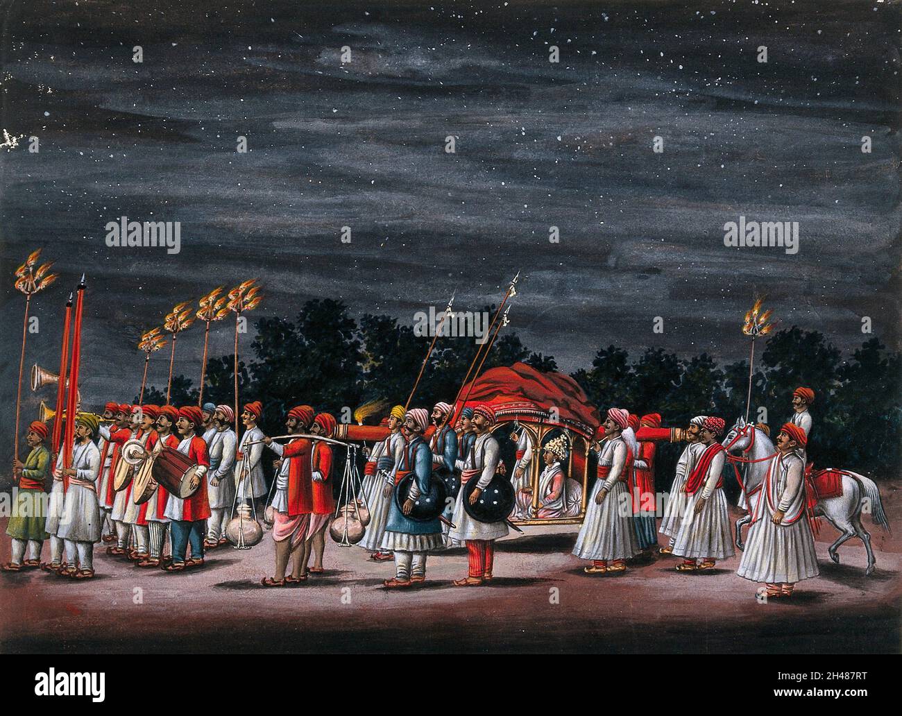 A wedding procession by night; a groom sitting in a palanquin, preceded ...