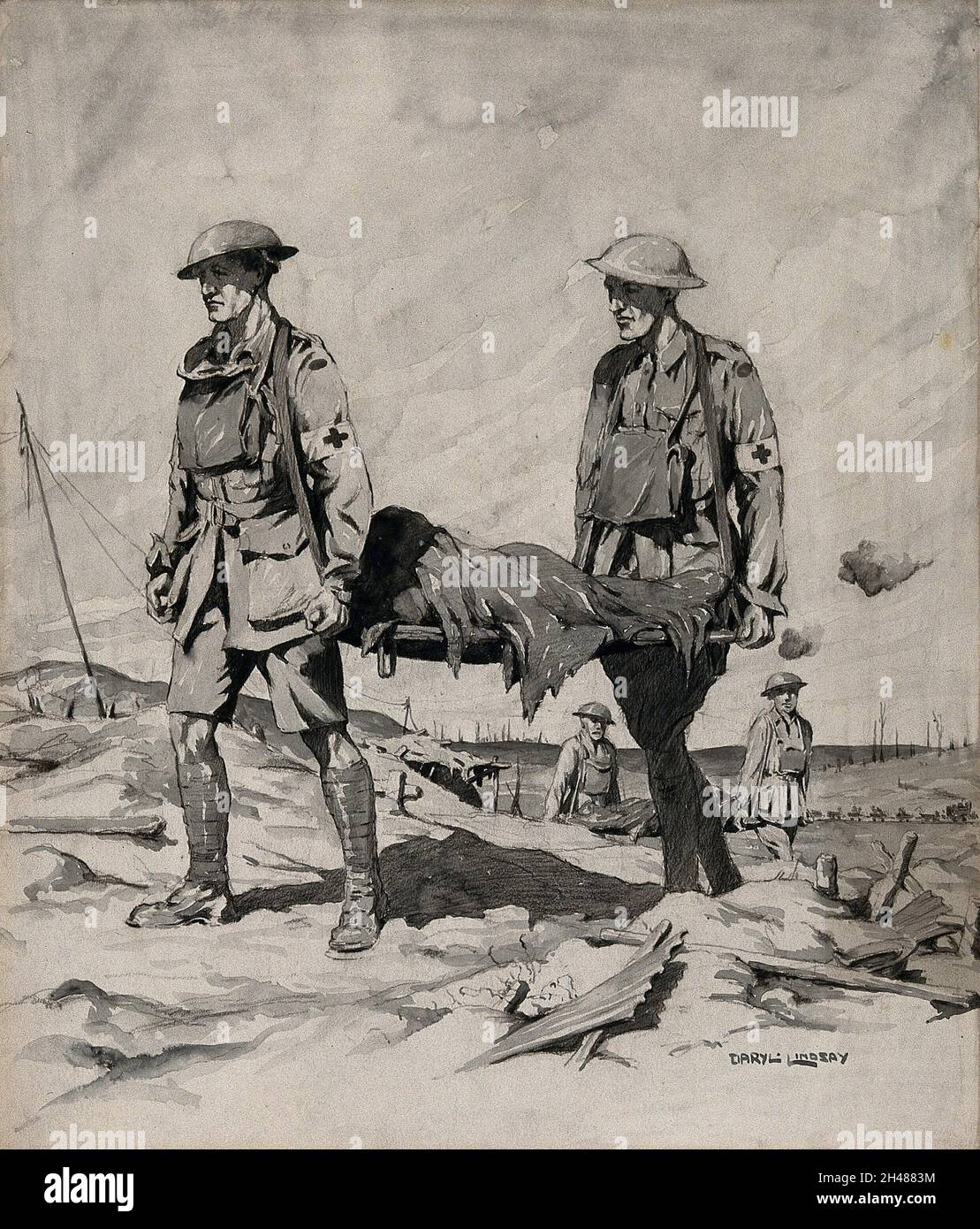 World War I: two men carrying a stretcher among the trenches in France ...
