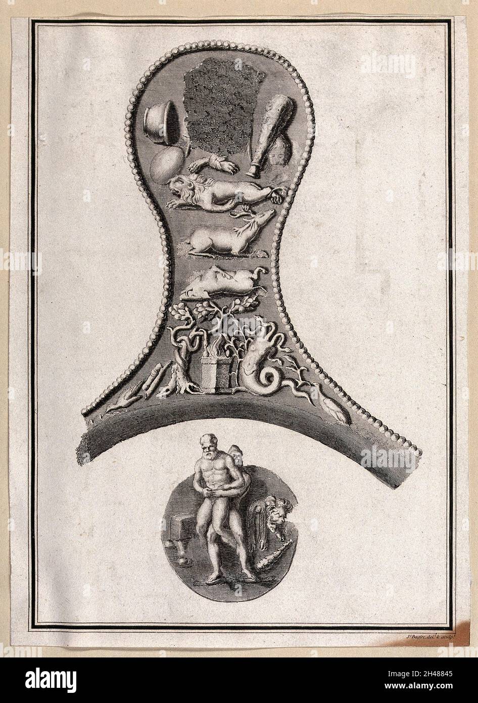 The handle of a silver vessel or pan on which are depicted the labours ...
