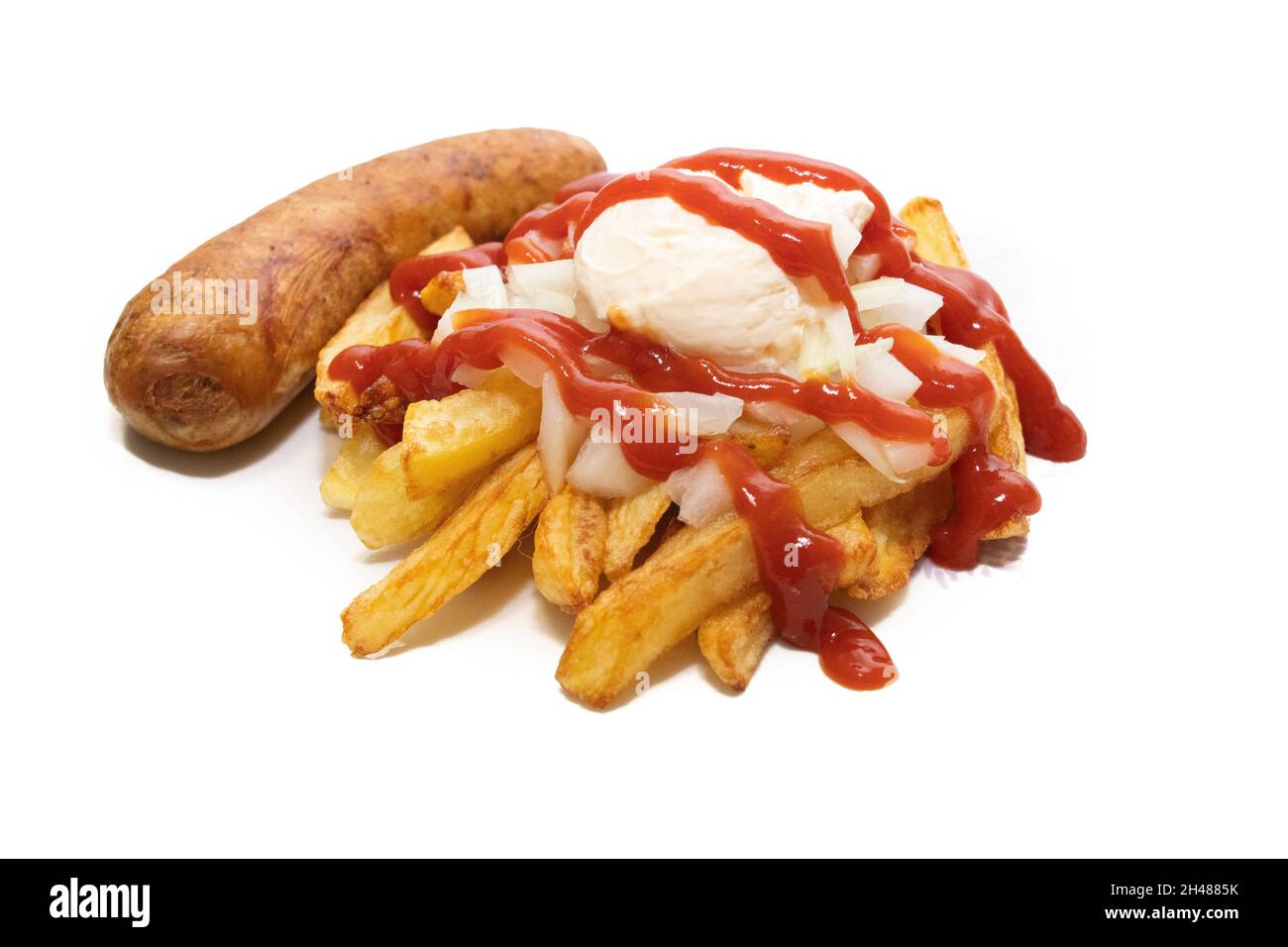 Frites spezial with mayonnaise, ketchup and onions, with a "bratwurst ...