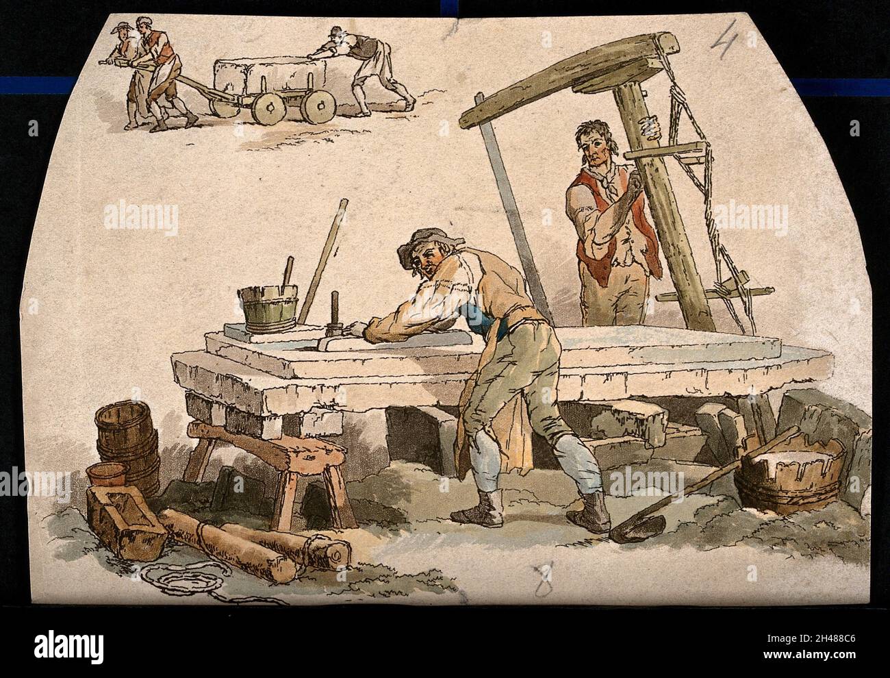 One man is holding a large wooden structure as another works at a stone ...