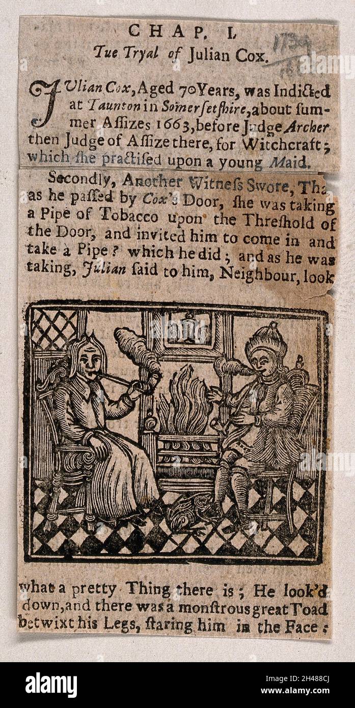 Julian Cox of Taunton and a man sit smoking by the hearth; a toad is by ...