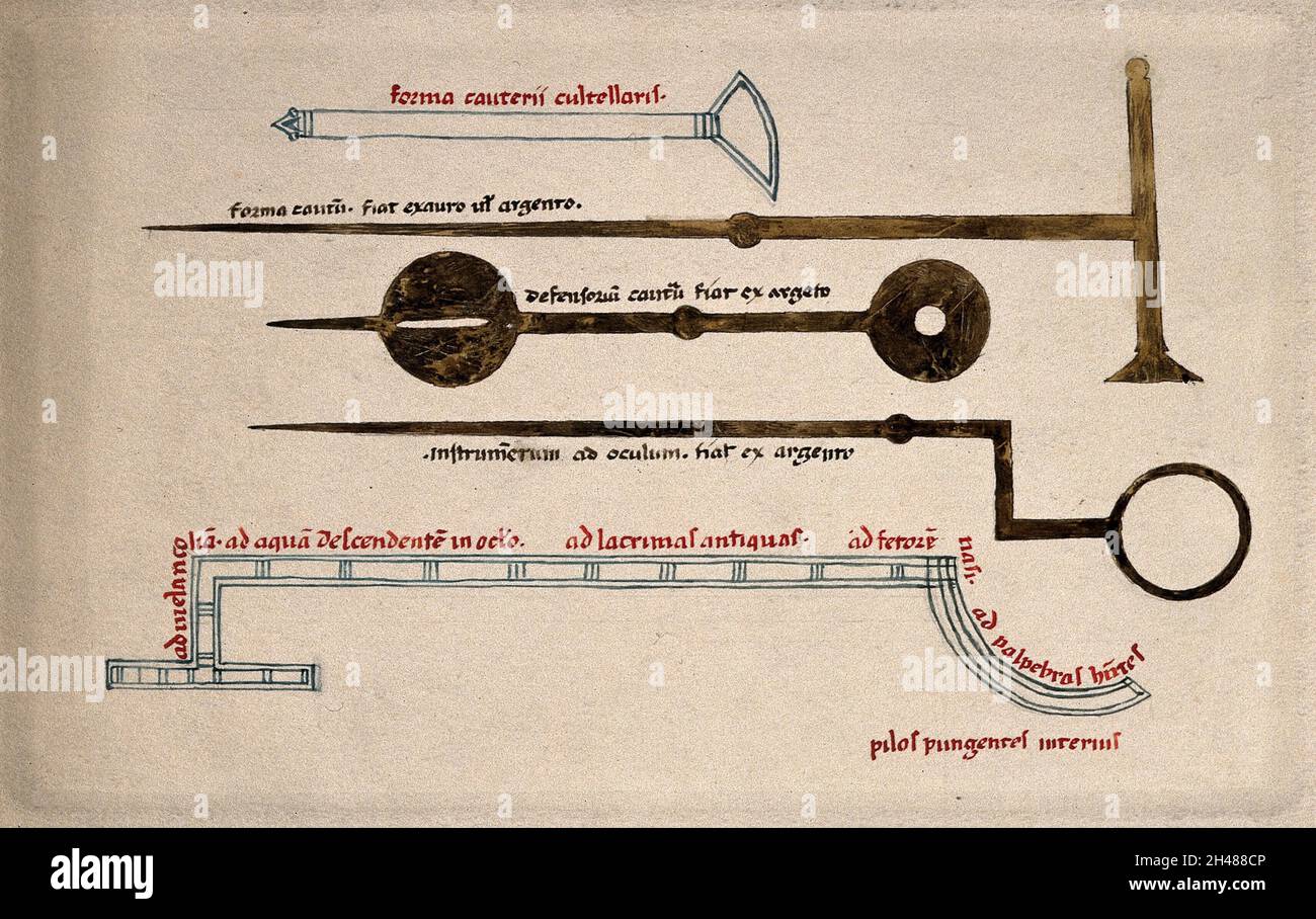 Surgical instruments, including cauterising needles. Drawing with ...