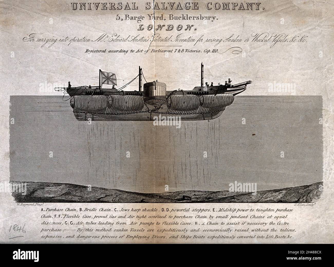 Ship-building: side elevation of a salvage boat, showing the river-bed ...