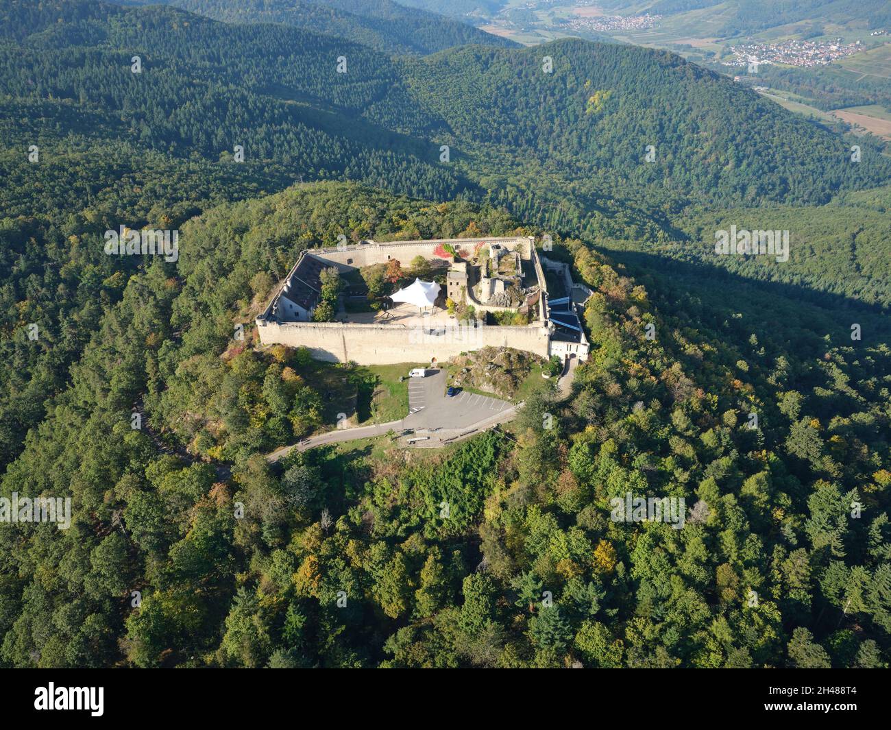 AERIAL VIEW. Medieval castle on a hilltop in the eastern Vosges ...