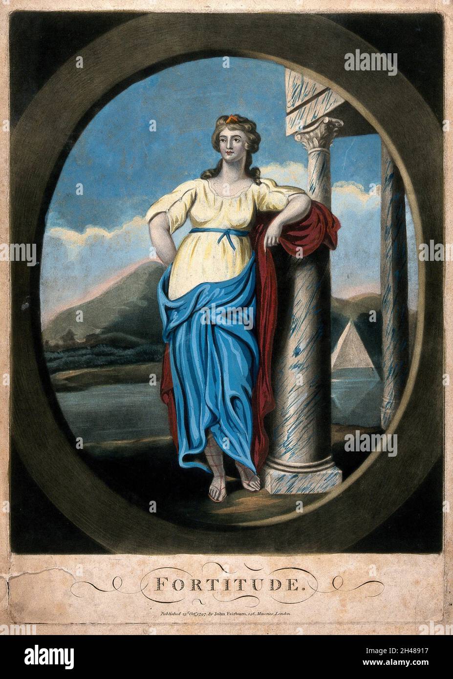 A woman leaning against the column of a temple, behind her a landscape ...