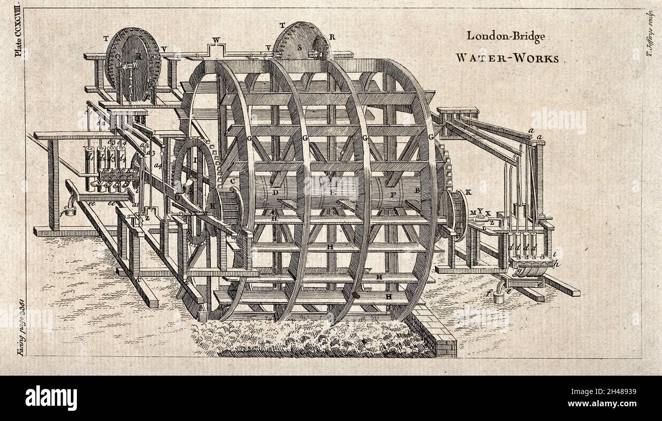 The large waterwheel at the waterworks on London Bridge. Engraving by T ...