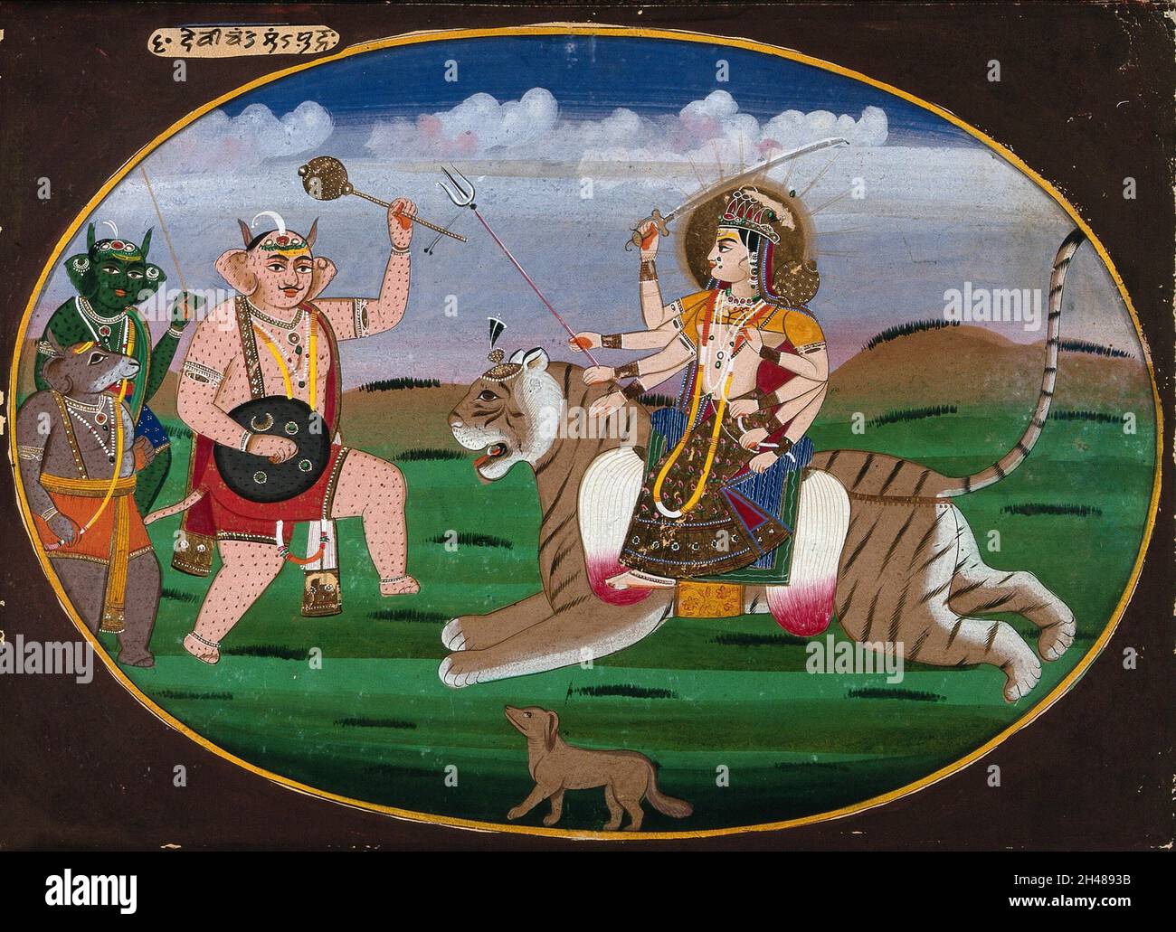 Devi Durga in her manifestation as Chamunda seated on a tiger prepares ...