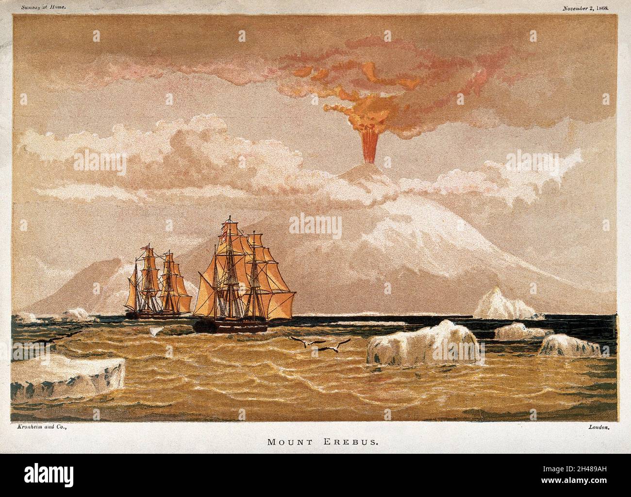 Mount Erebus, Antarctica: the volcano in eruption. Chromolithograph ...