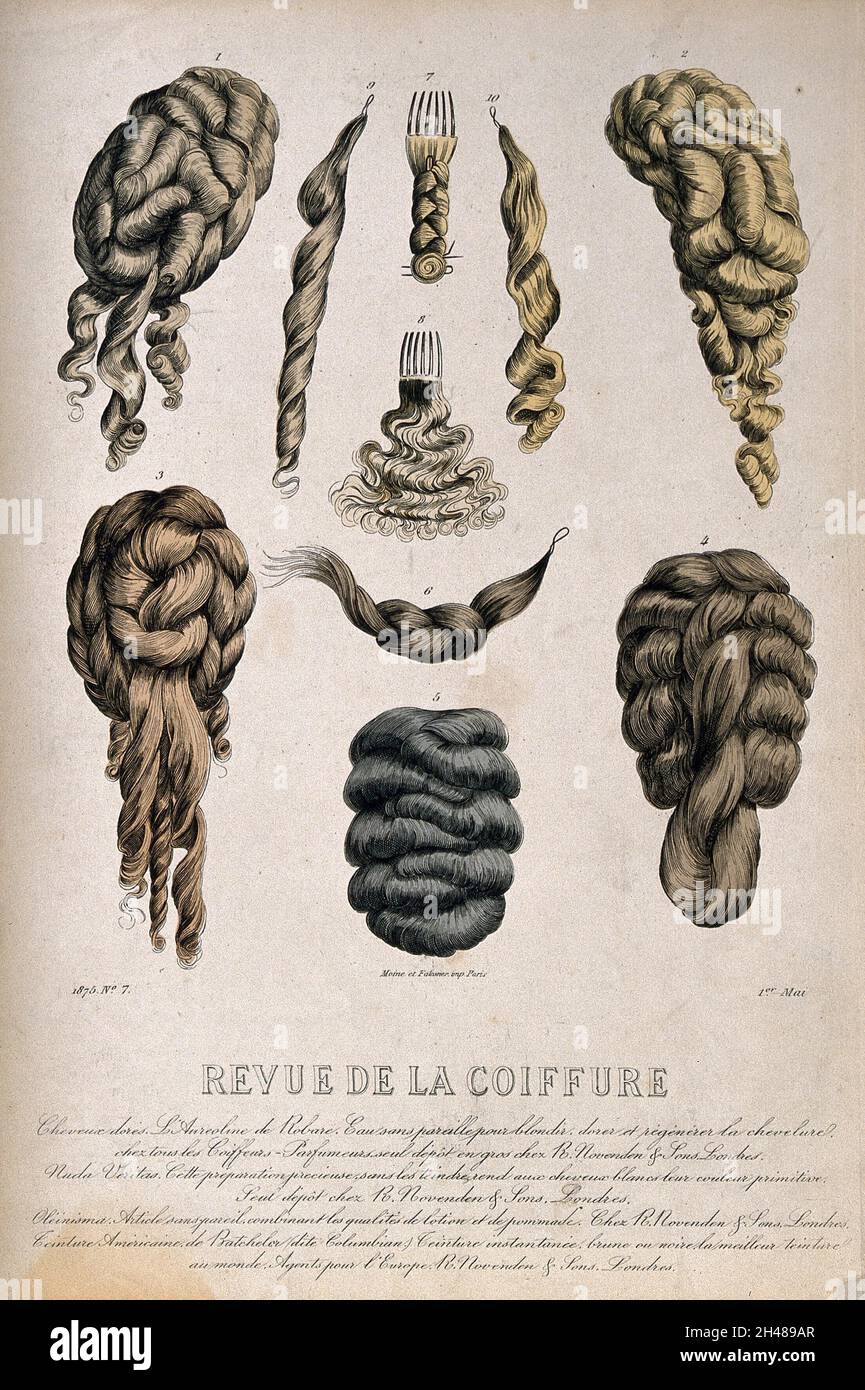 Ten different types of wigs and hair pieces. Coloured engraving, 1875 ...