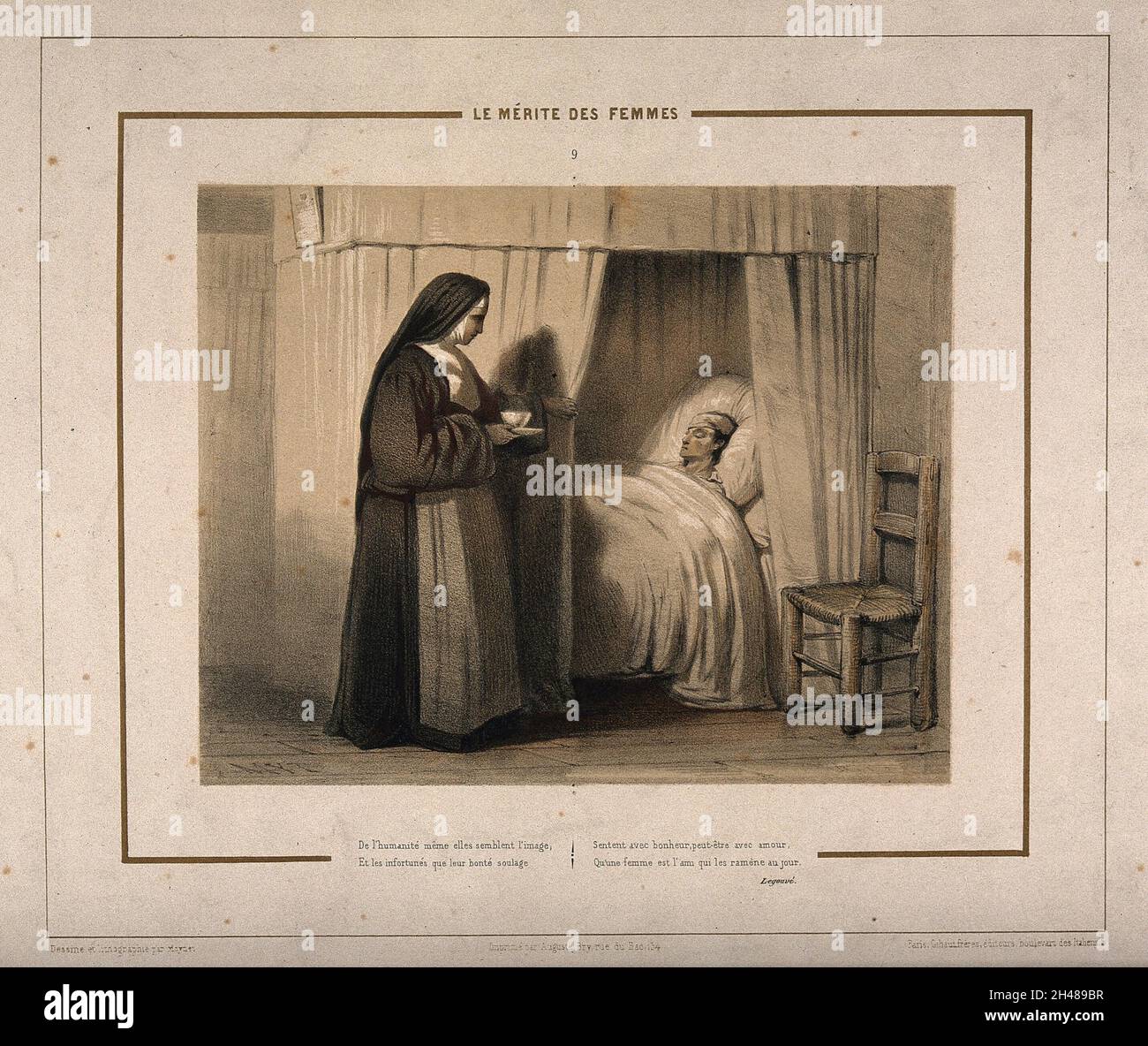 A nun brings some refreshment to a feverish patient, with a poem by ...