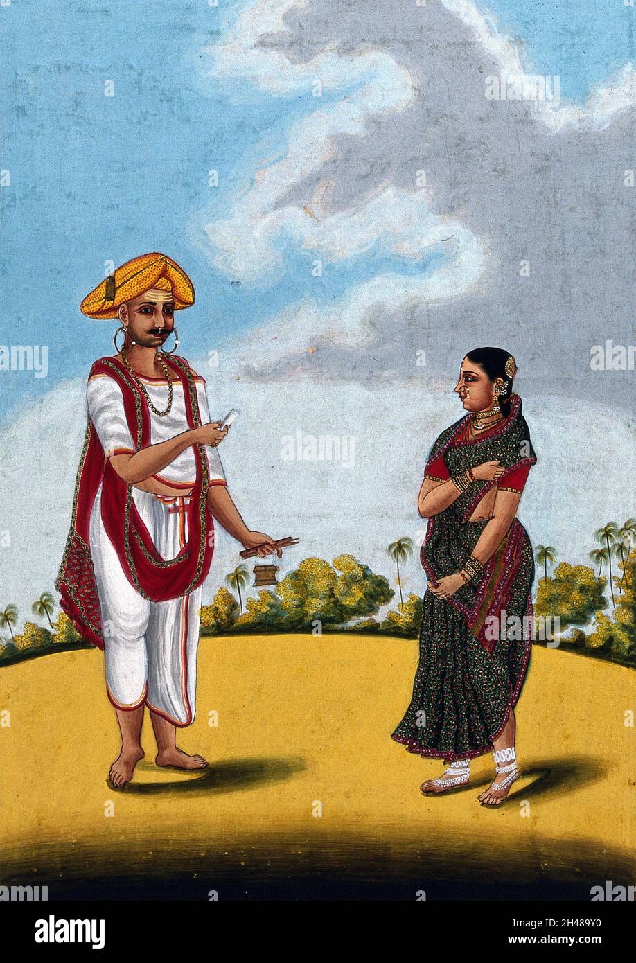 Pandit Tudu and his wife. Gouache drawing Stock Photo - Alamy