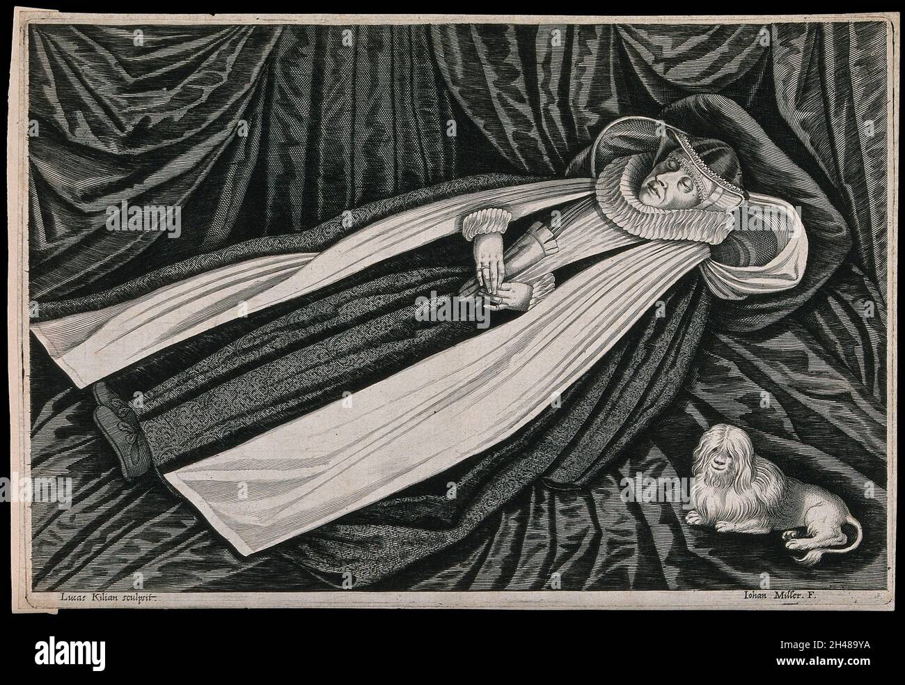 The corpse of a lady wearing a ruff and an elaborate head-dress lying ...