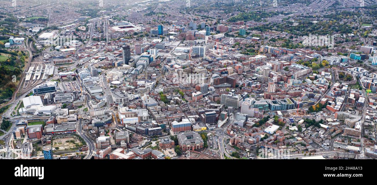 An aerial panoramic view of Sheffield City Centre, South Yorkshire ...
