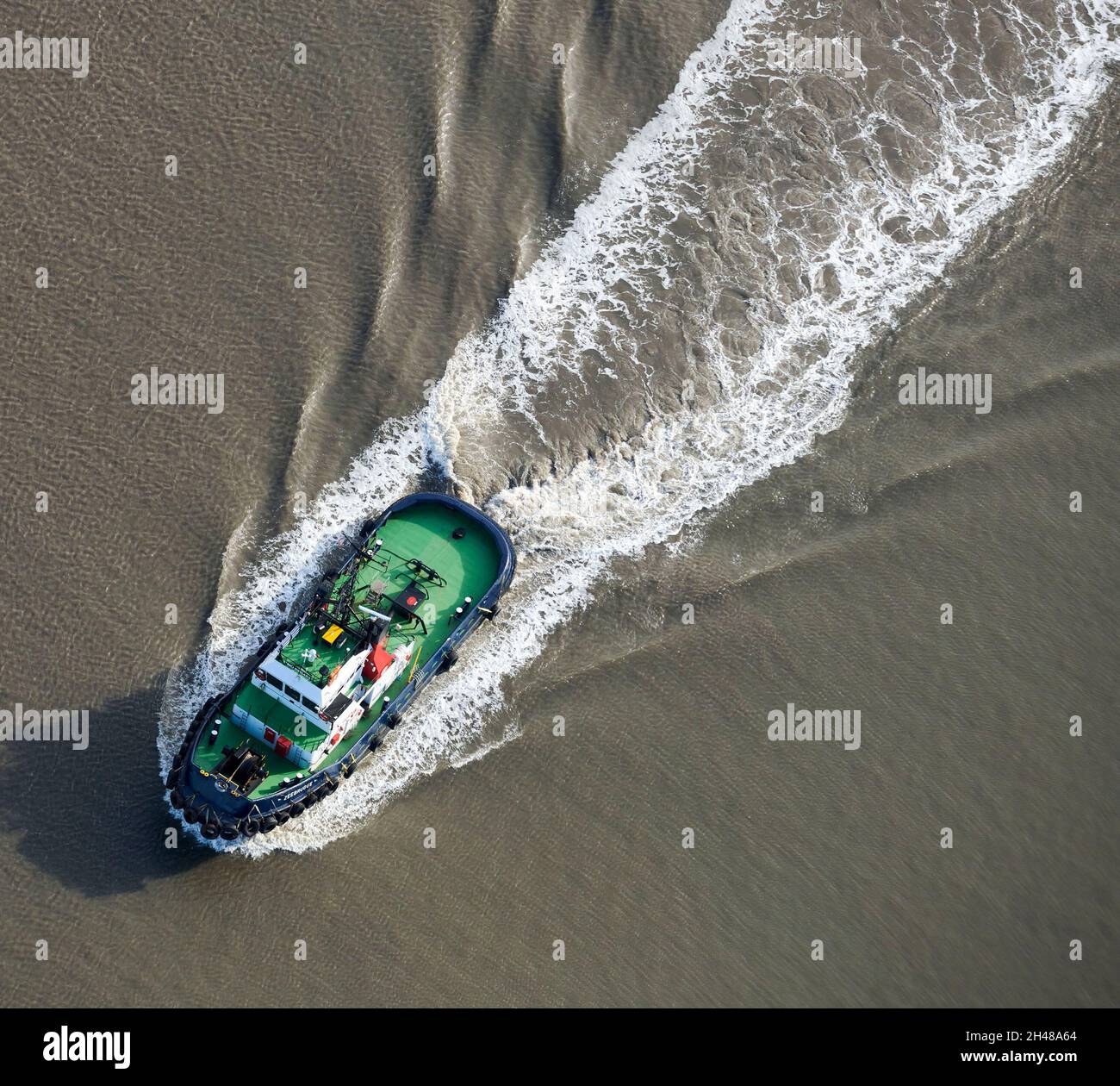 An overhead shot of a Tug Boat, at Seaforth Docks, Liverpool ...