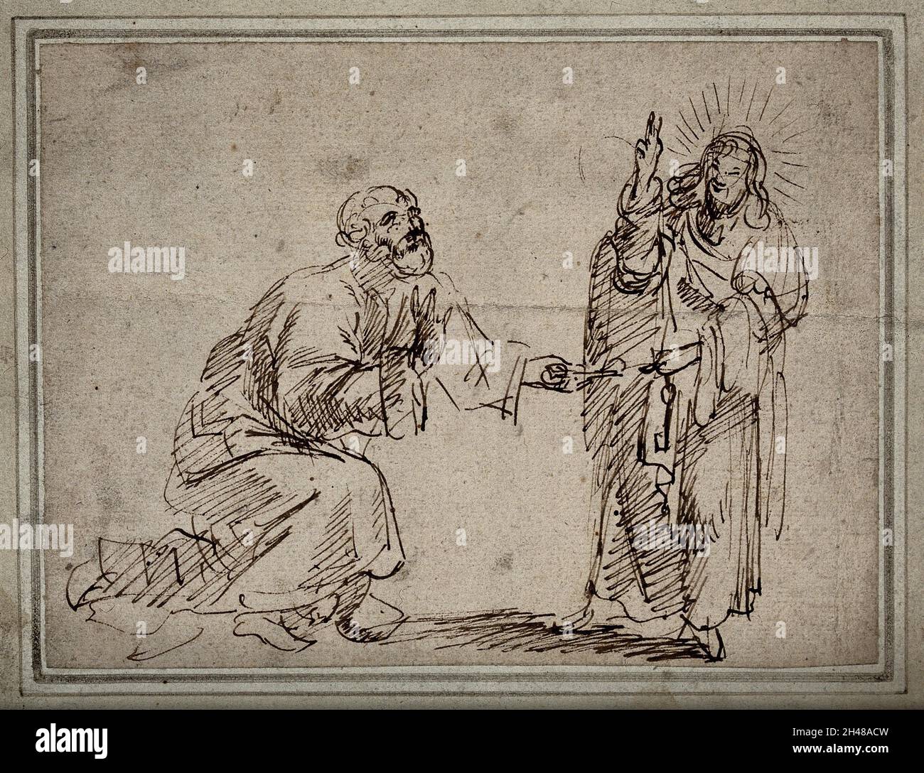 Christ giving the keys to Saint Peter. Pen and ink drawing Stock Photo ...
