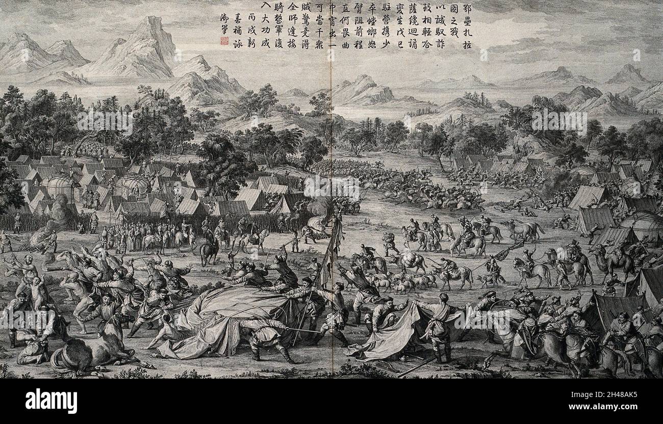 A Chinese military force attacks an encampment. Engraving by a Chinese ...