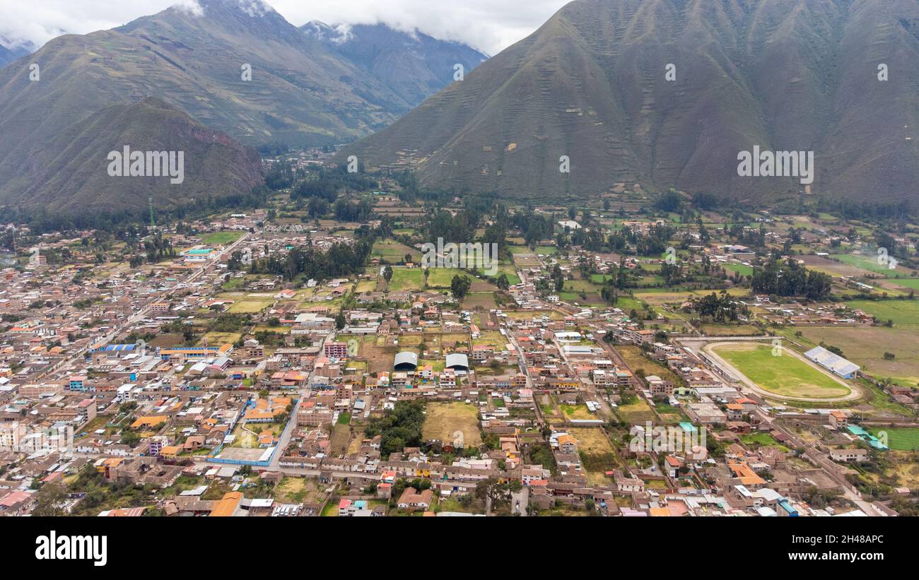 Aerial view of the town of Urubamba in the Sacred Valley of Cusco Stock ...