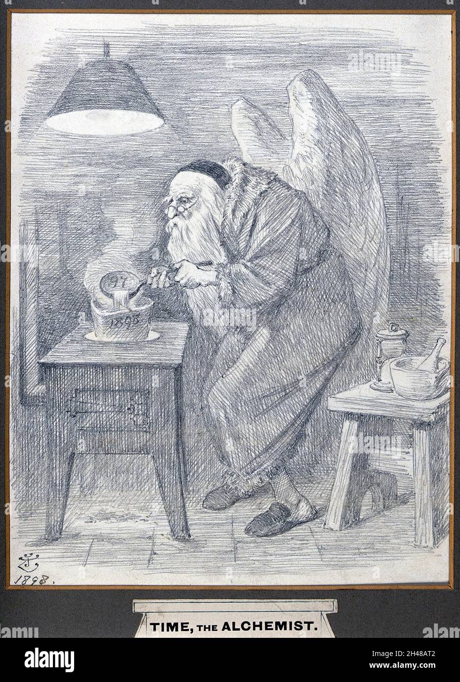 An alchemist with angel's wings and a skull cap, pouring fluid from a ...