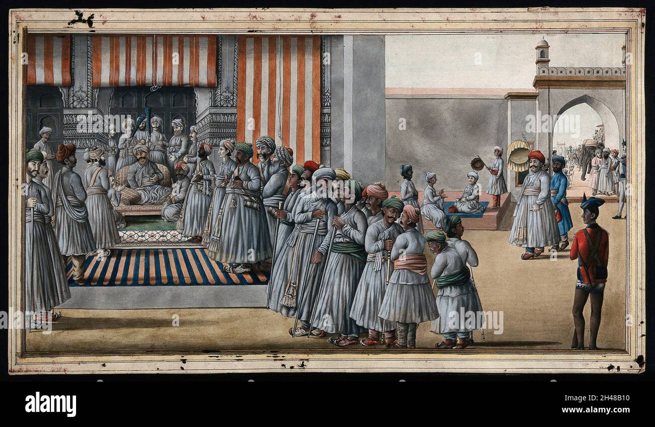 A darbar scene; the Nawab (?) sits on the chair listening to a man ...