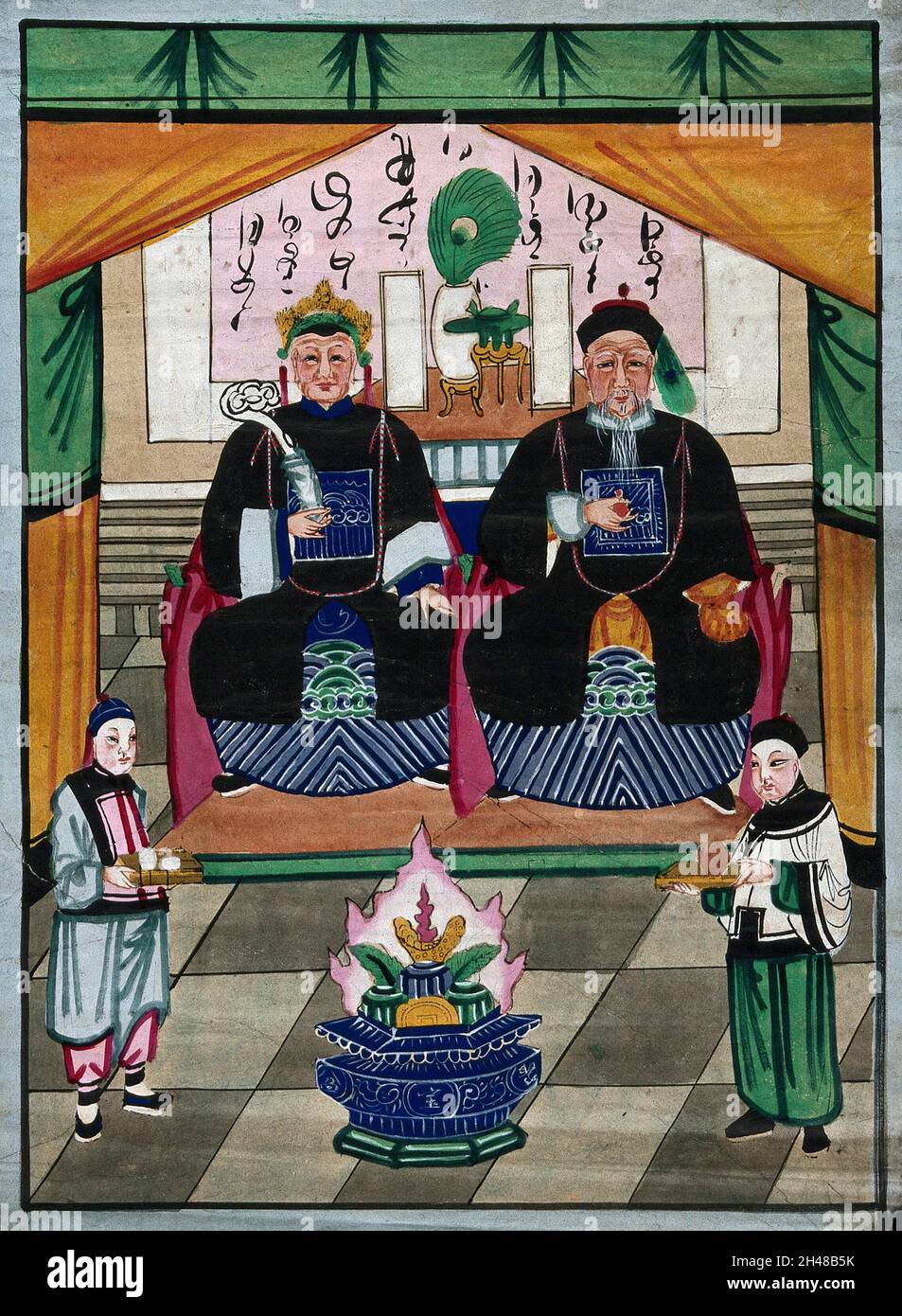 The Chinese Fox-Genius (Hu) with retainers bringing offerings. Gouache ...