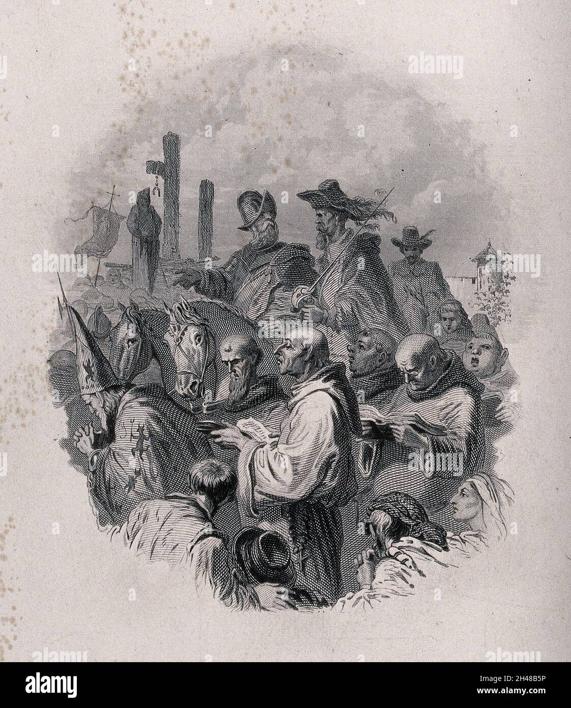 Praying priests holding their prayer books are led to the gallows. Line ...