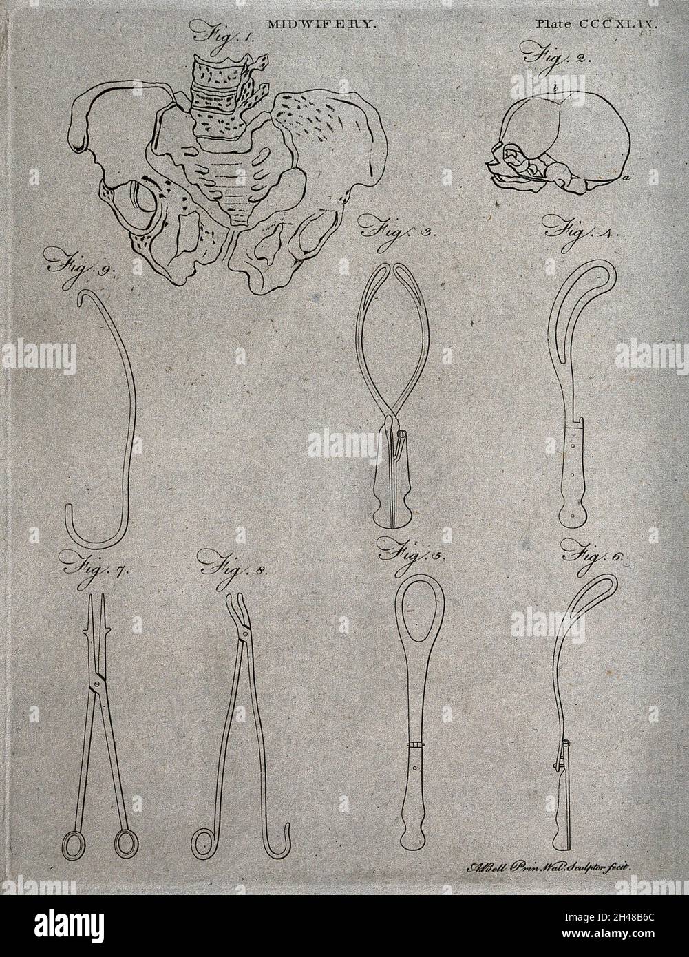 Surgical instruments for midwifery. Engraving by Andrew Bell Stock ...