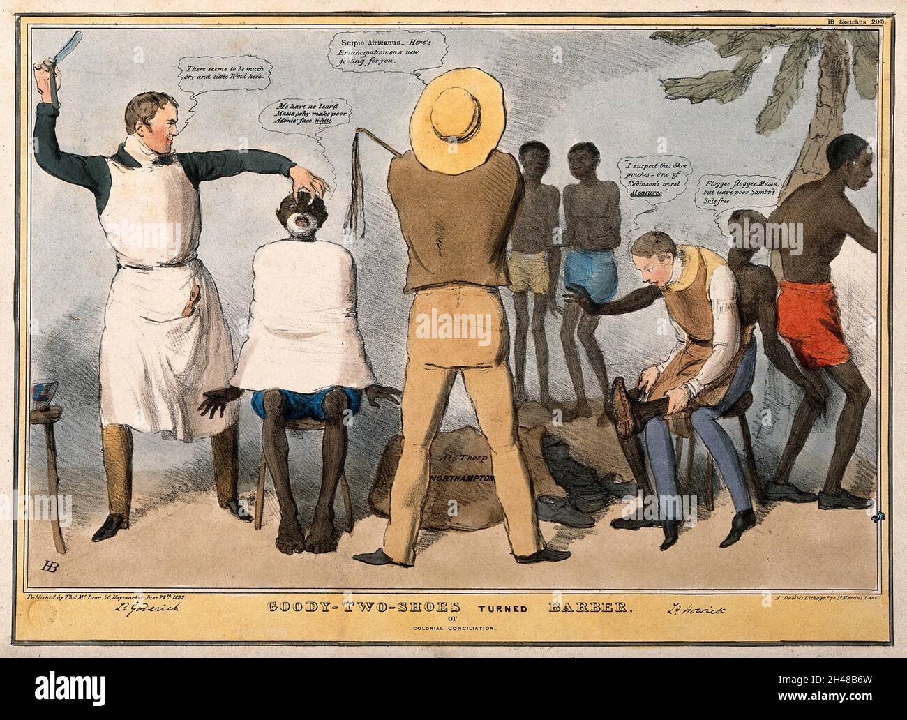 Lord Goderich shaving, and Lord Howick shoeing, a group of slaves ...