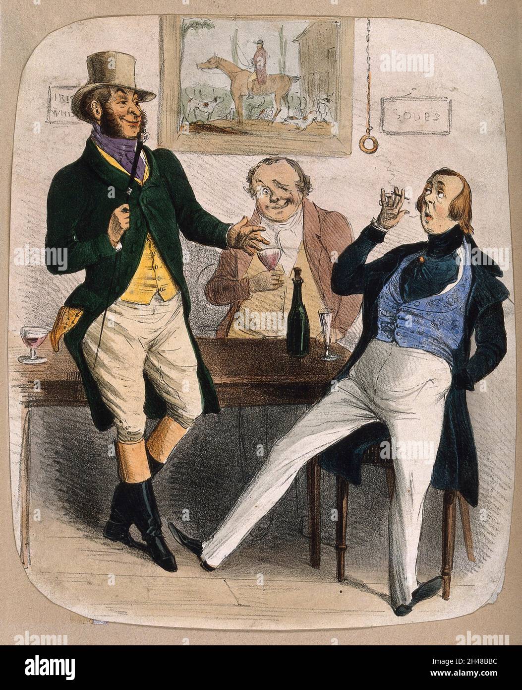 Two huntsmen and a dandy smoking and drinking round a table. Coloured ...