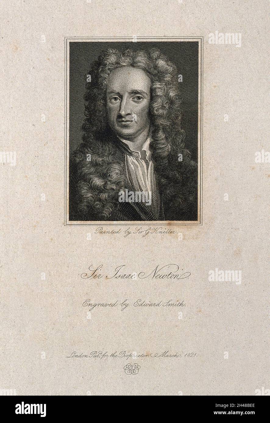 Sir Isaac Newton. Line engraving by E. Smith, 1821, after Sir G ...