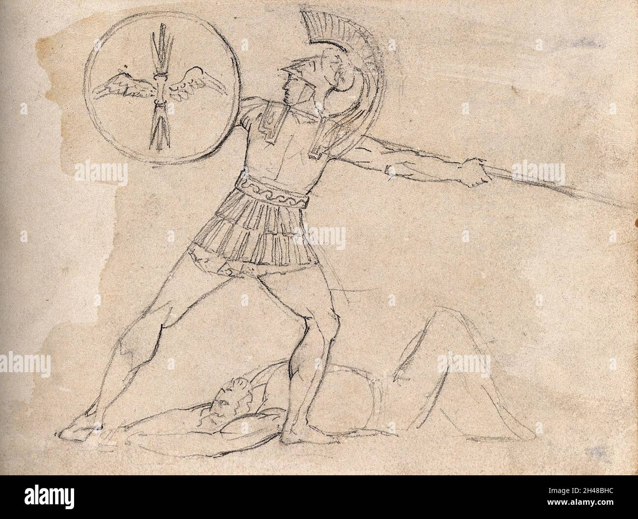 A Roman soldier throws a javelin over a dead body. Drawing, c. 1793 ...