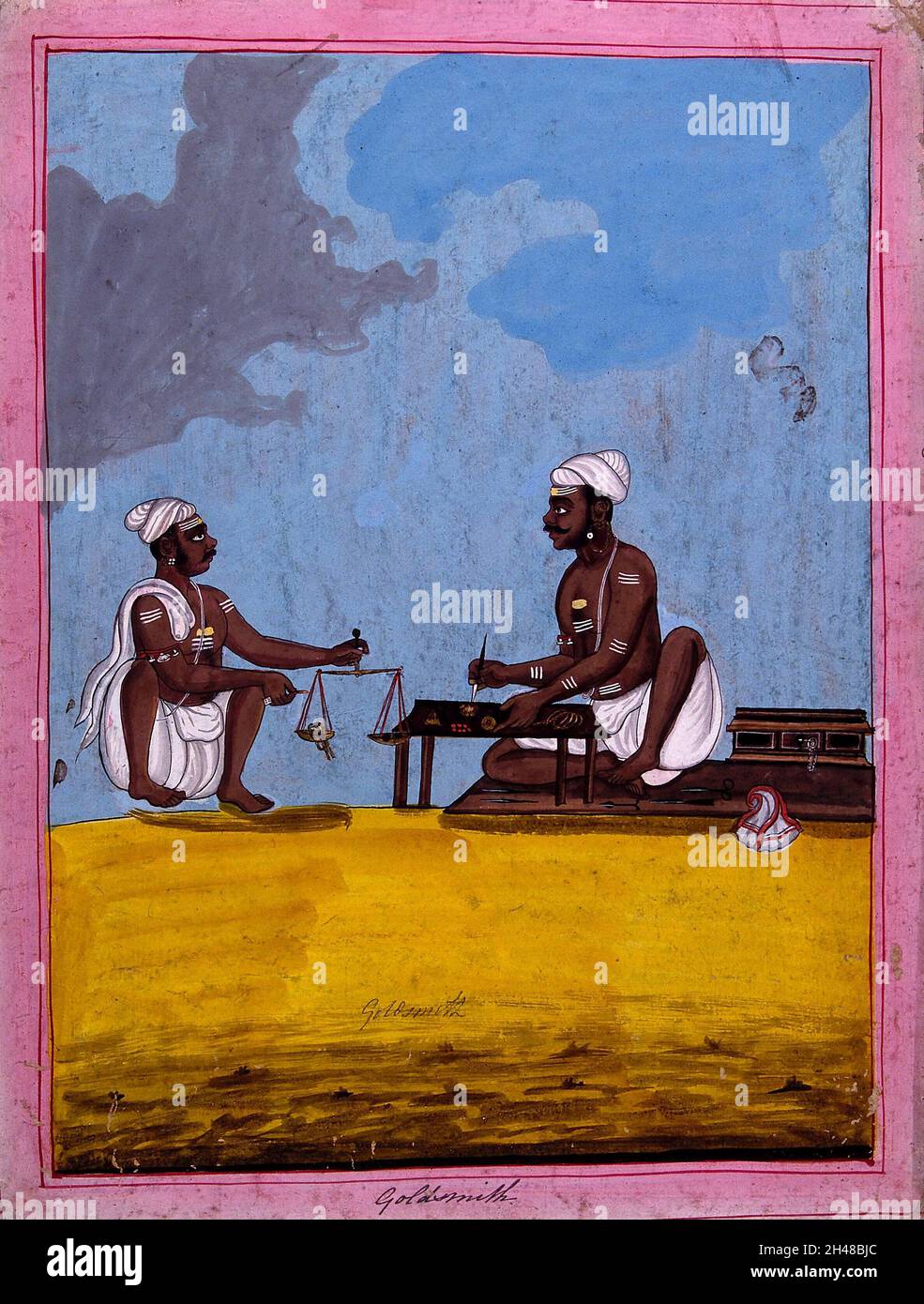 Indian goldsmiths at work. Gouache drawing Stock Photo - Alamy