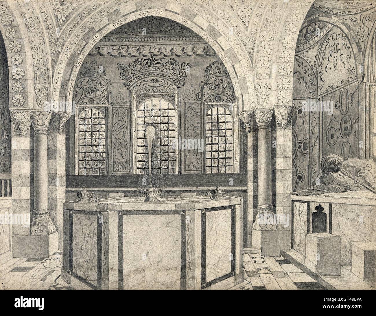 Bath and fountain at Emir Beshir's palace, Beit-ed-din. Pencil drawing ...