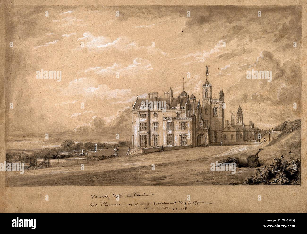 Worsley Hall, Manchester. Pencil drawing by F.J. Shields, 1849 Stock ...
