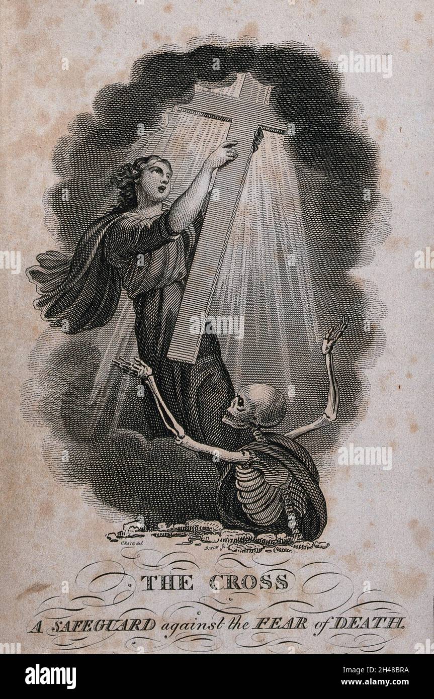 A skeleton opens his arms in supplication to a female figure who holds ...