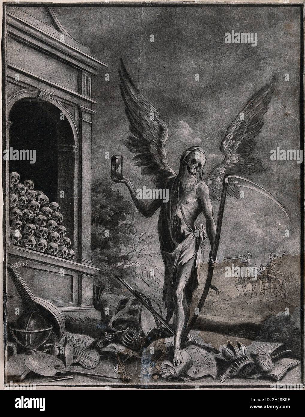 A winged figure of Death stands on top of a selection of worldly goods ...
