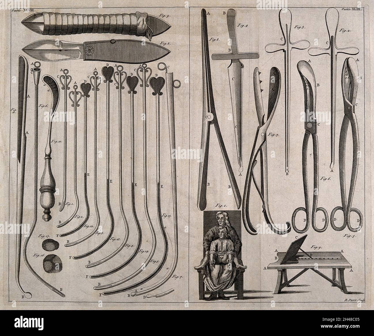 Surgical instruments. Engraving with etching by R. Parr Stock Photo - Alamy