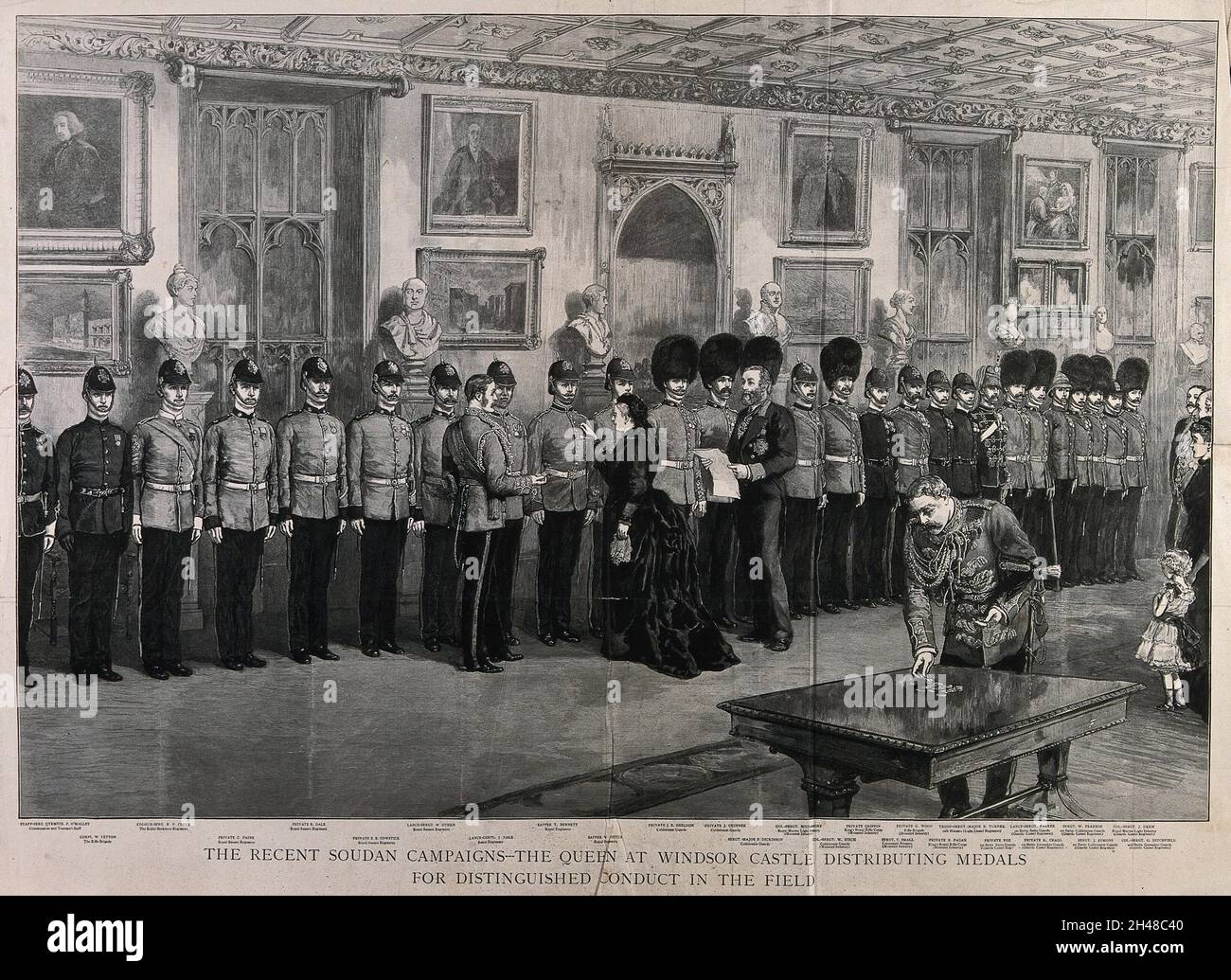 Queen Victoria is pinning a medal on to the uniform of a man standing ...