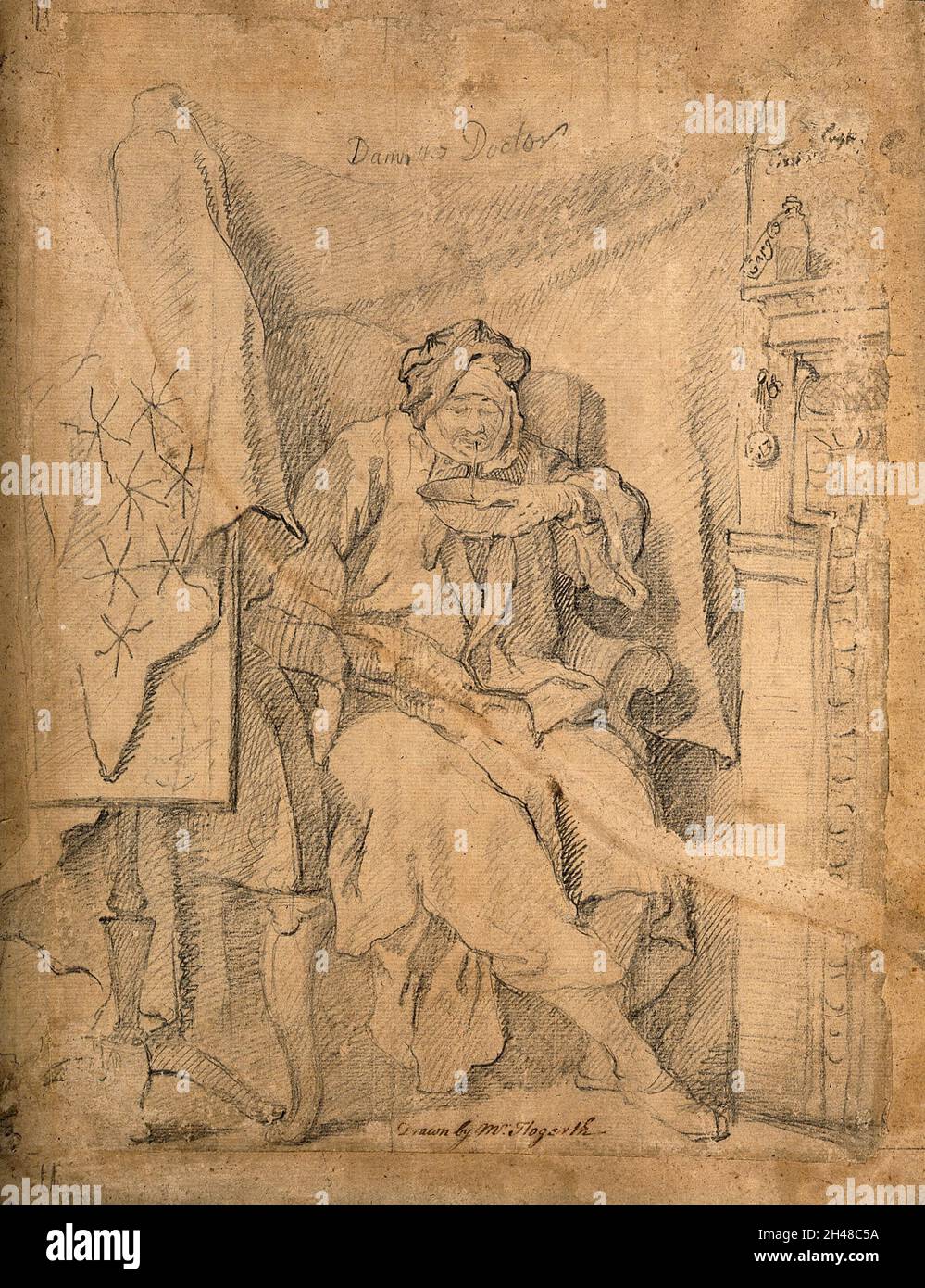 An ill man seated by a fireplace vomiting into a bowl. Pencil drawing ...