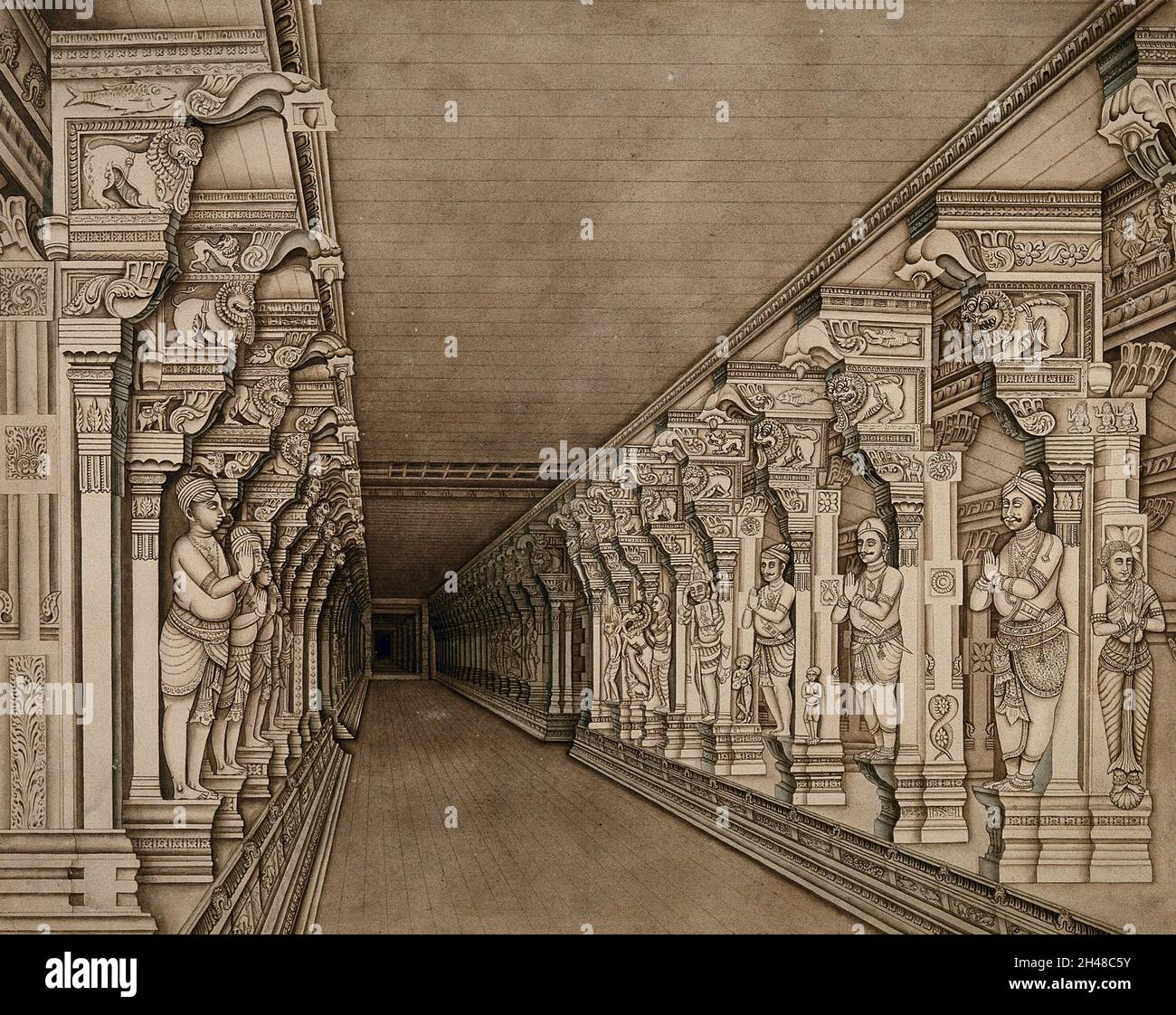 Rameshwaram: inner view of the long temple corridors. Drawing by an ...