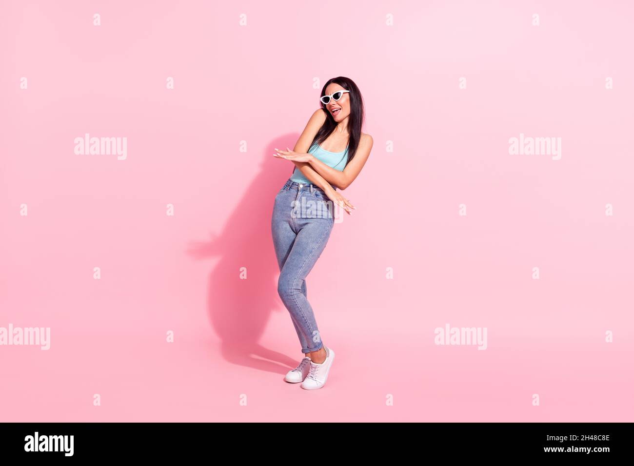 Full length body size photo woman in sunglass dancing relaxing on ...
