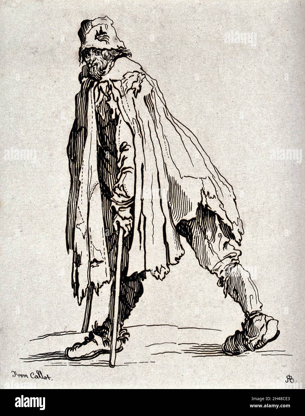 A bearded beggar dressed in rags walking on two crutches. Etching by R ...