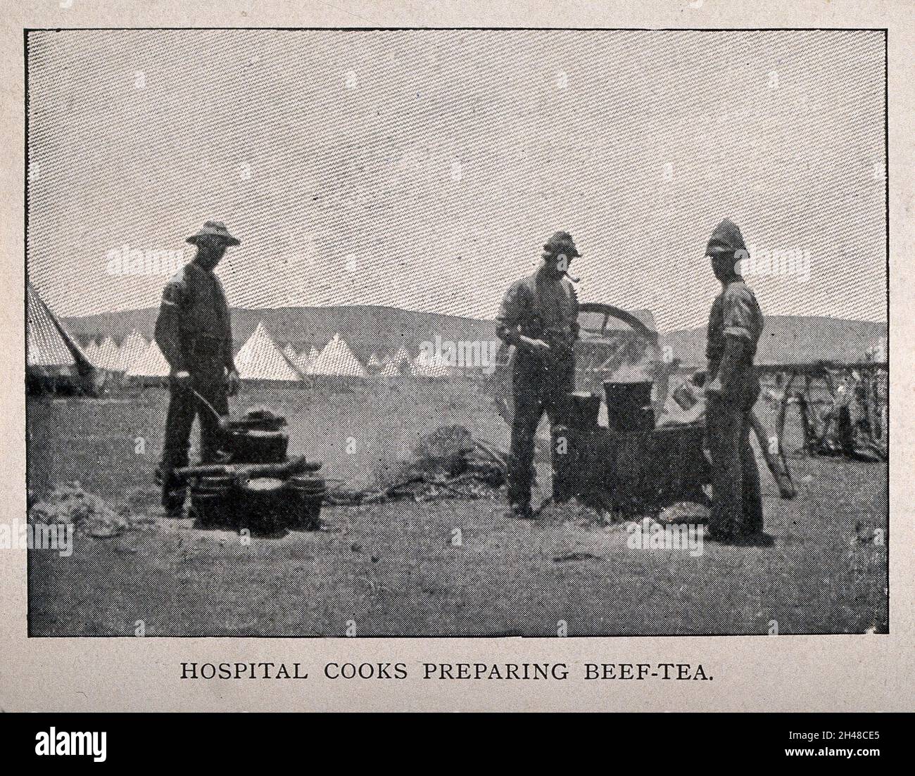 Boer War: hospital cooks preparing food in the open air. Halftone, c ...
